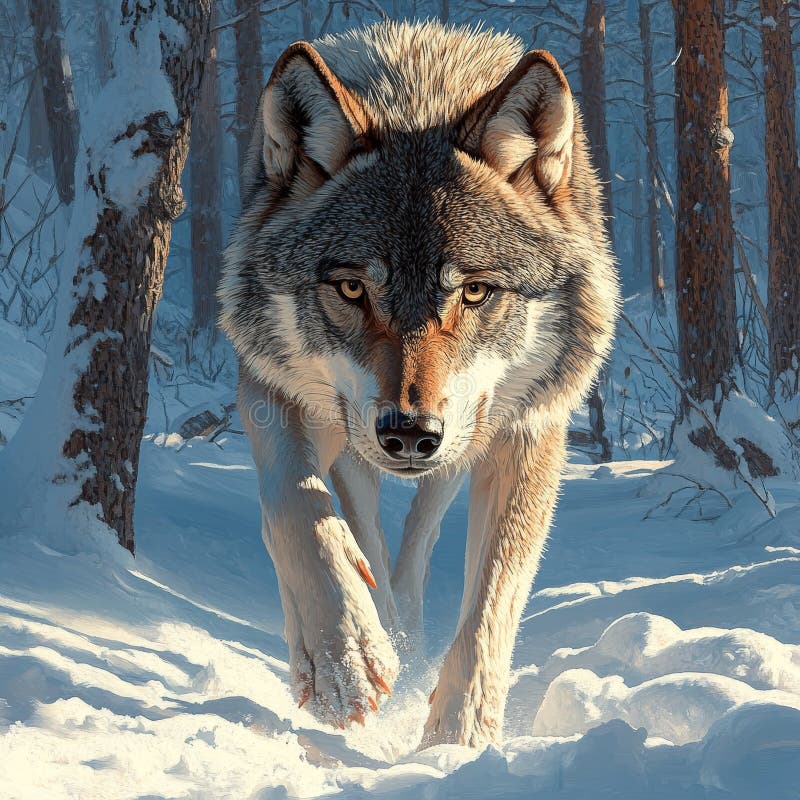 Detailed Illustration of Winter Scene with a Wolf, Creative Generative ...