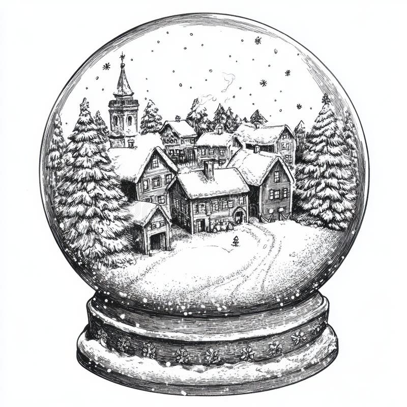 Detailed Illustration of a Winter Village Inside a Snow Globe Stock ...