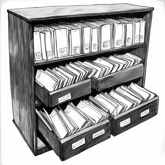 Detailed Illustration of a Wooden Filing Cabinet Filled with Files ...