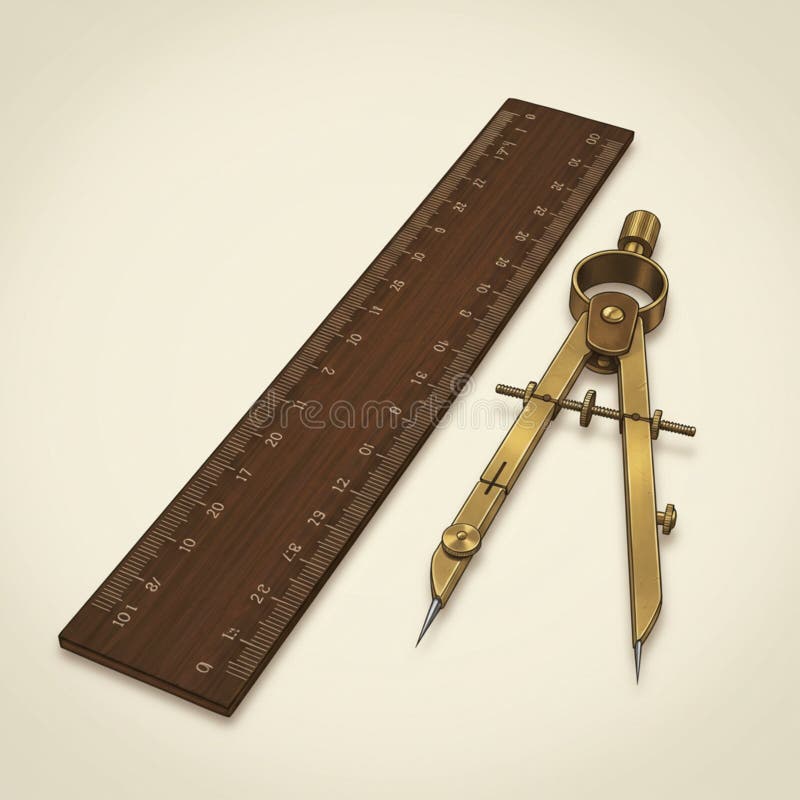 A Detailed Illustration of a Wooden Ruler and a Metallic Compass. the ...