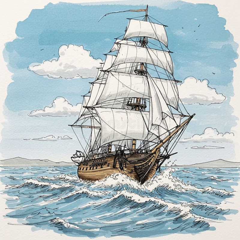 A Detailed Illustration of a Wooden Sailing Ship Navigating the Ocean ...