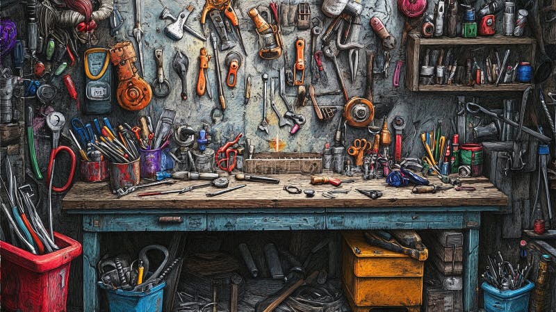 A Detailed Illustration of a Workshop Filled with Creative Tools. Stock ...