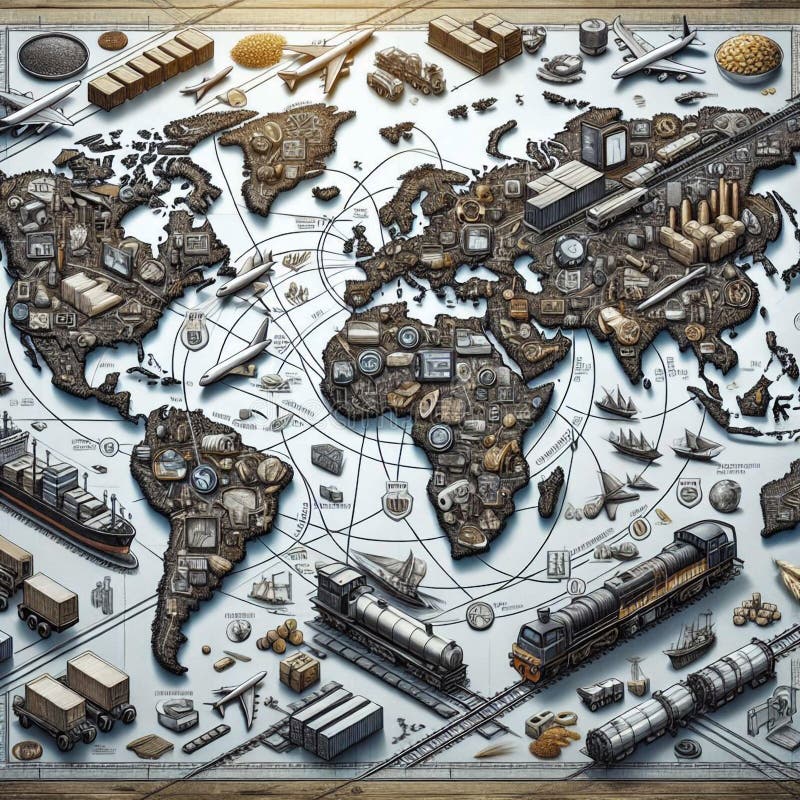 A Detailed Illustration of a World Map with Various Forms of ...