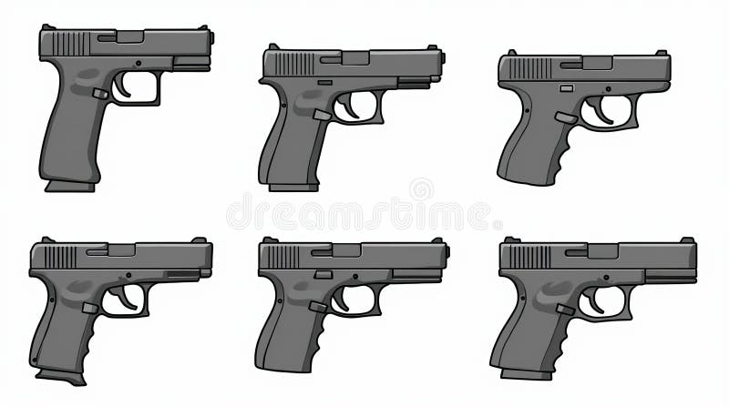 Set of Six Semi-Automatic Handgun Vector Illustrations in Black and ...