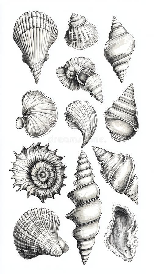 Detailed Illustrations of Various Shells in Black and White Design ...