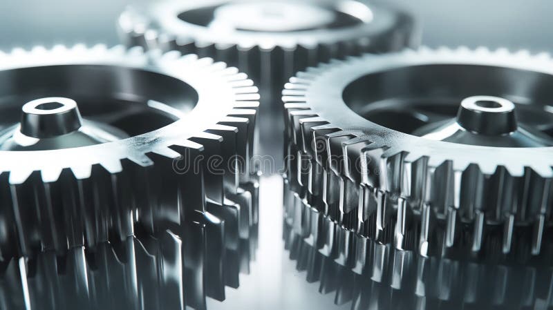 Close-up View of Interlocking Metal Gears on a Reflective Surface with ...