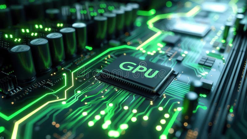 Detailed Image of a GPU on a Motherboard, Featuring Illuminated Green ...