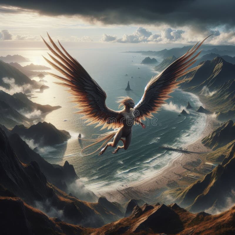 A Detailed Image of a Harpy, a Winged Spirit, Flying Over a Desolate ...