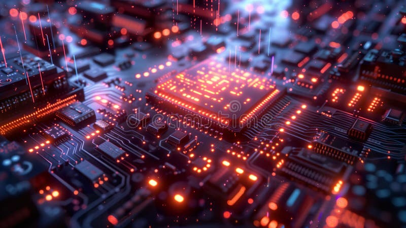 Illuminated Circuit Board with Active Data Flow. Generative AI Stock ...