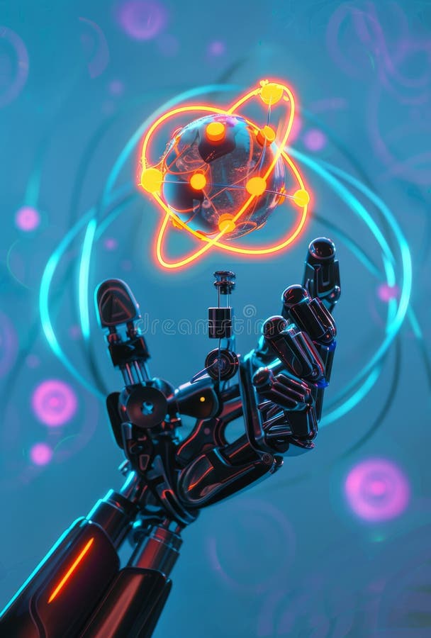 Robotic Hand Holding a Glowing Atom Representing Advanced Technology ...