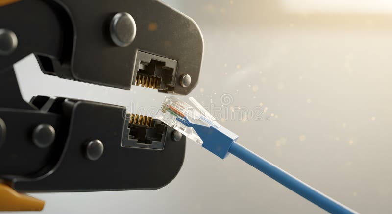 High-Definition Close-up of RJ45 Connector Crimping Process Using ...