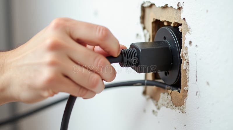 Close-Up of a Hand Plugging a Cord into an Unfinished Electrical Socket ...