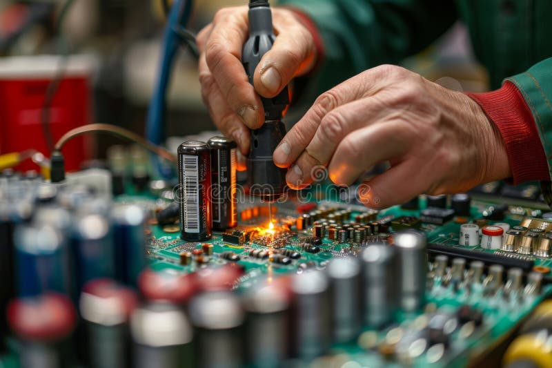 Close-up of a Technician Soldering a Component on a Circuit Board Stock ...