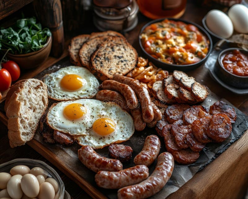 Traditional Irish Breakfast with Sausages Eggs and Soda Bread Stock ...