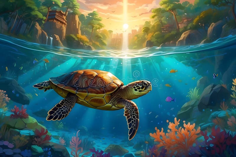 A Detailed and Imaginative Scene Where a Wise, Ancient Turtle with a ...