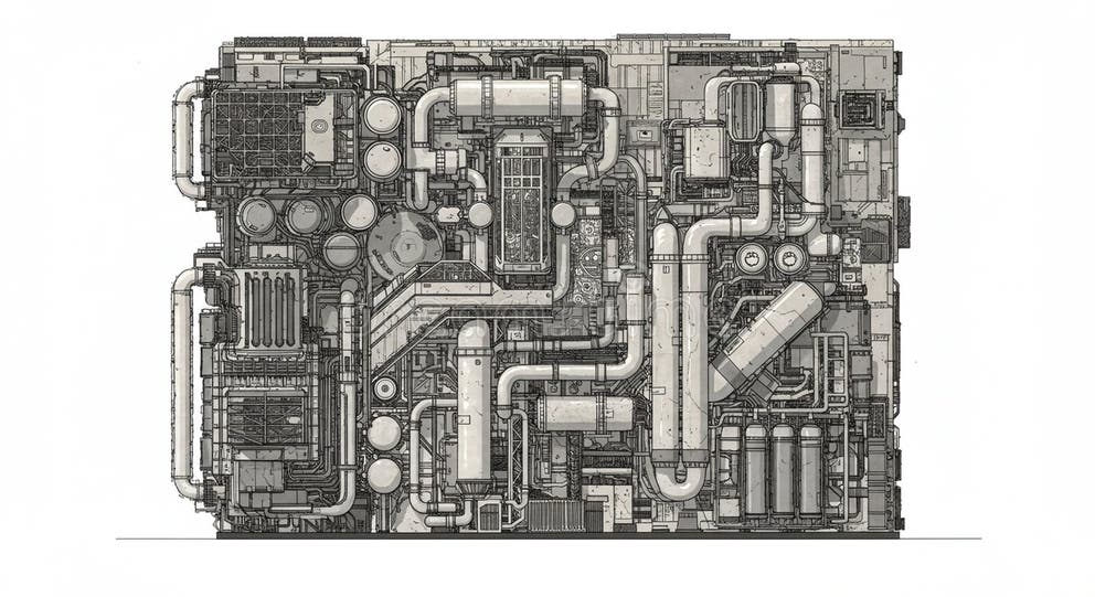 A Detailed Industrial Schematic Featuring a Complex Network of ...