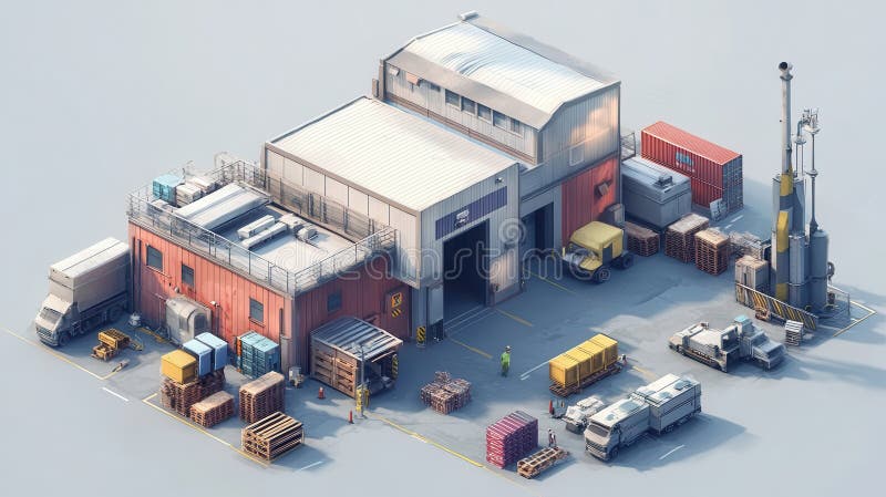 A Detailed Industrial Warehouse Scene with Trucks and Cargo for ...