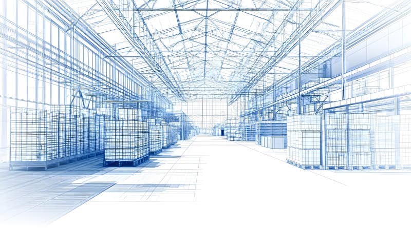 Detailed Industrial Warehouse Wireframe Blueprint Illustration for ...