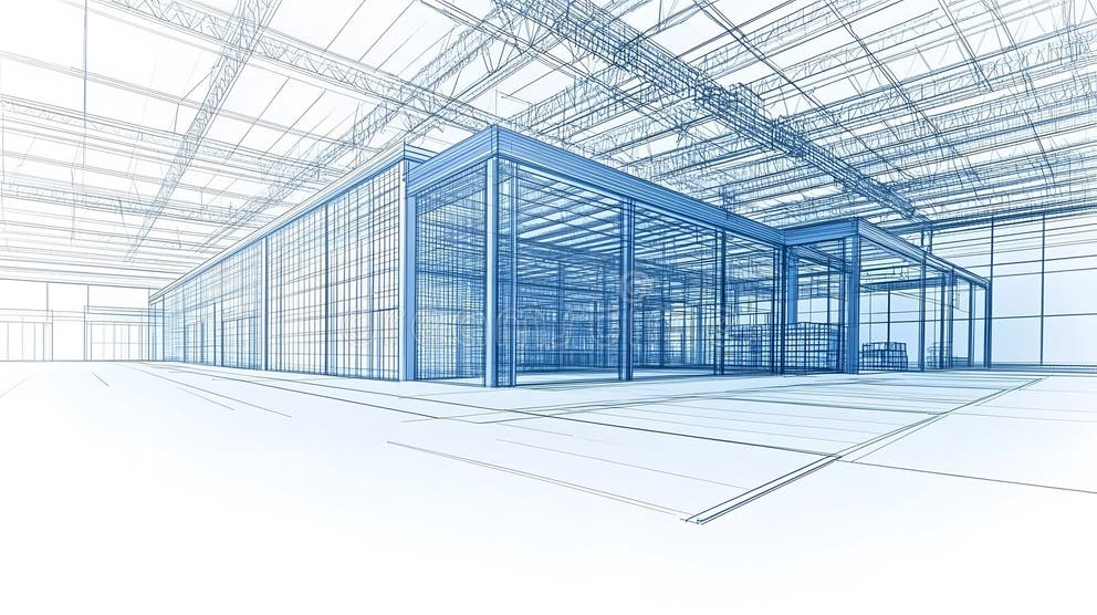 Detailed Industrial Warehouse Wireframe Blueprint Illustration for ...