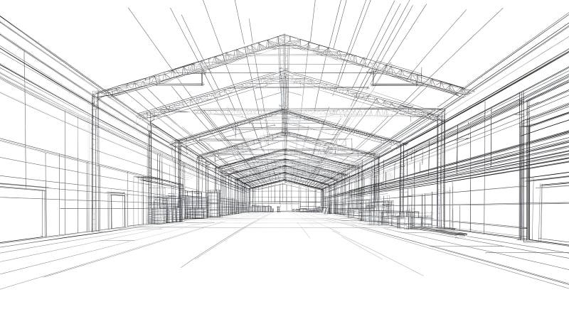 Detailed Industrial Warehouse Wireframe Blueprint Illustration for ...
