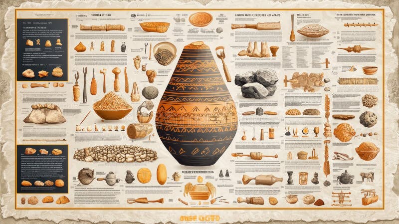 Detailed Infographic with Ancient Tools Pottery and Weapons Stock ...