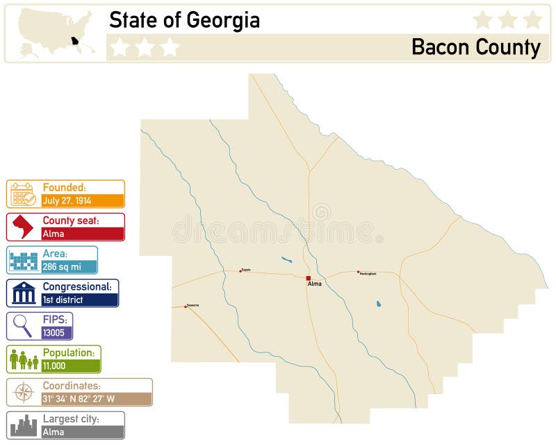 Detailed Infographic and Map of Bacon County in Georgia Stock Vector ...