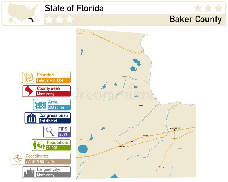 Map of Baker County in Florida USA Stock Vector - Illustration of ...