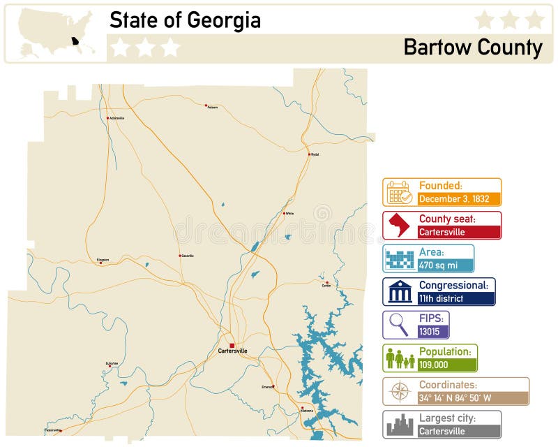 Map of Bartow County in Georgia USA Stock Vector - Illustration of georgia, geography: 331961916