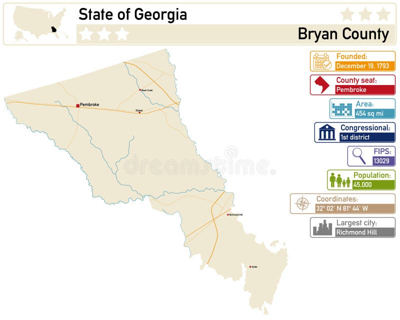 Map of Bryan County in Georgia USA Stock Vector - Illustration of ...