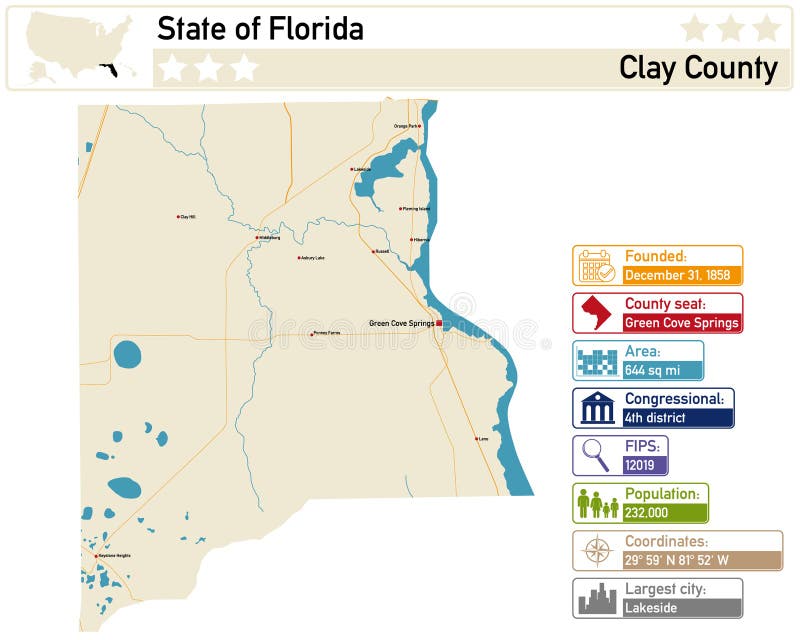 Map of Clay County in Florida USA Stock Vector - Illustration of ...