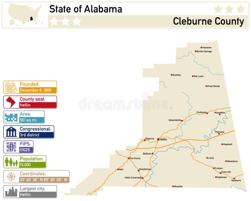 Infographic and Map of Cleburne County in Alabama USA Stock Vector ...
