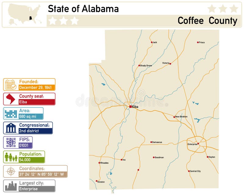 Map of Coffee County in Alabama Stock Vector - Illustration of federal ...