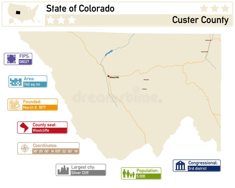 Map of Custer County in Colorado USA Stock Vector - Illustration of ...
