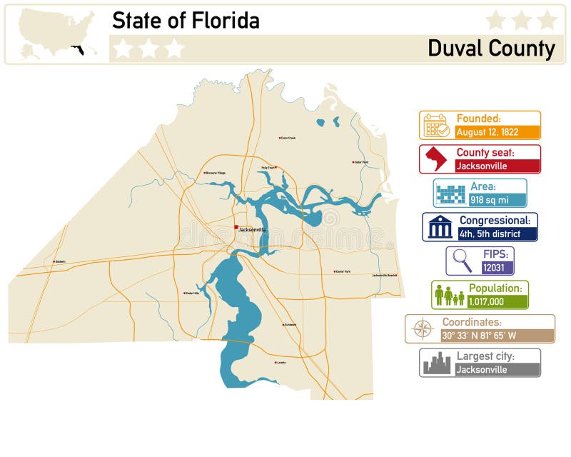 Map of Duval County in Florida USA Stock Vector - Illustration of area ...