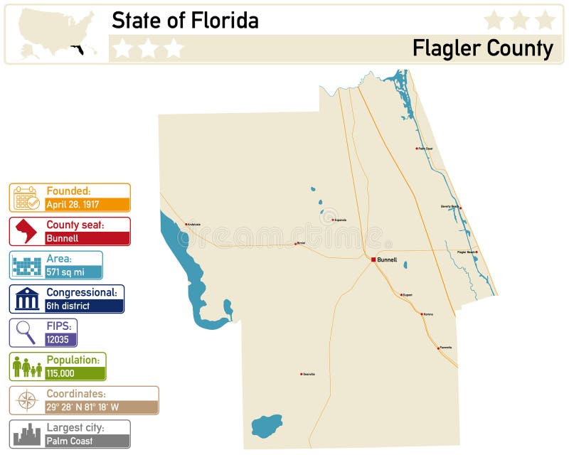 Map of Flagler County in Florida USA Stock Vector - Illustration of ...