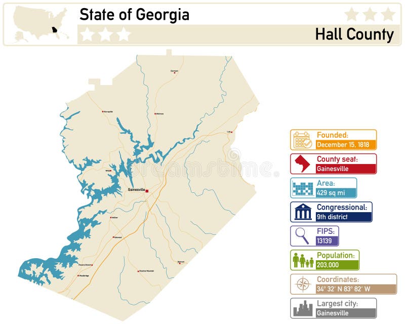 Detailed Infographic and Map of Hall County in Georgia Stock ...
