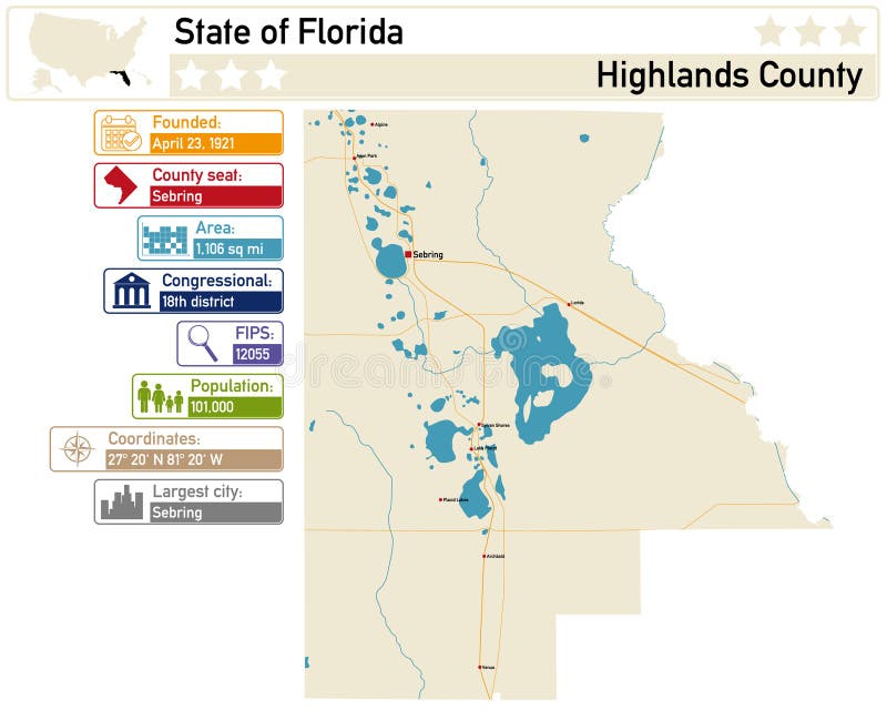 Map of Highlands County in Florida USA. Stock Vector - Illustration of ...