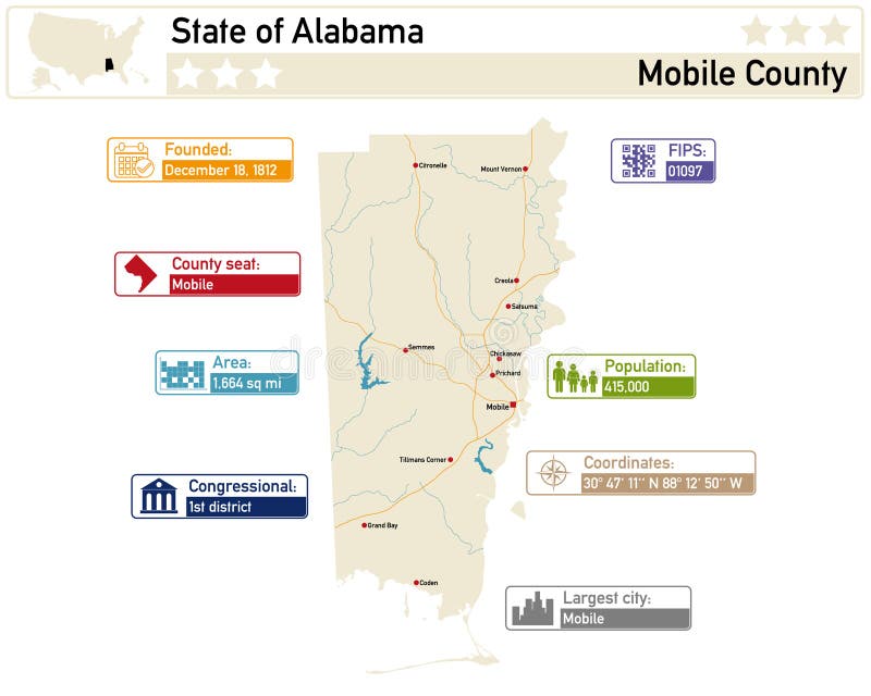 Map of Mobile County in Alabama USA Stock Vector - Illustration of ...