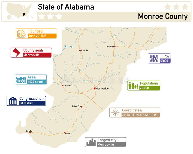 Map of Monroe County in Alabama USA Stock Photo - Illustration of ...