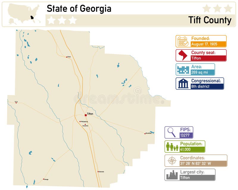 Detailed Infographic and Map of Tift County in Georgia Stock ...