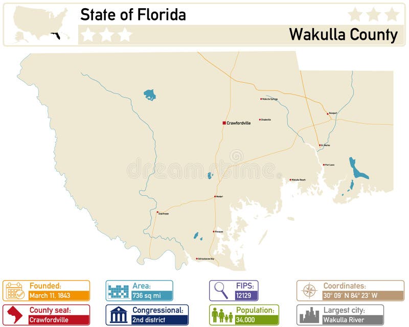 Detailed Infographic and Map of Wakulla County in Florida Stock Vector ...