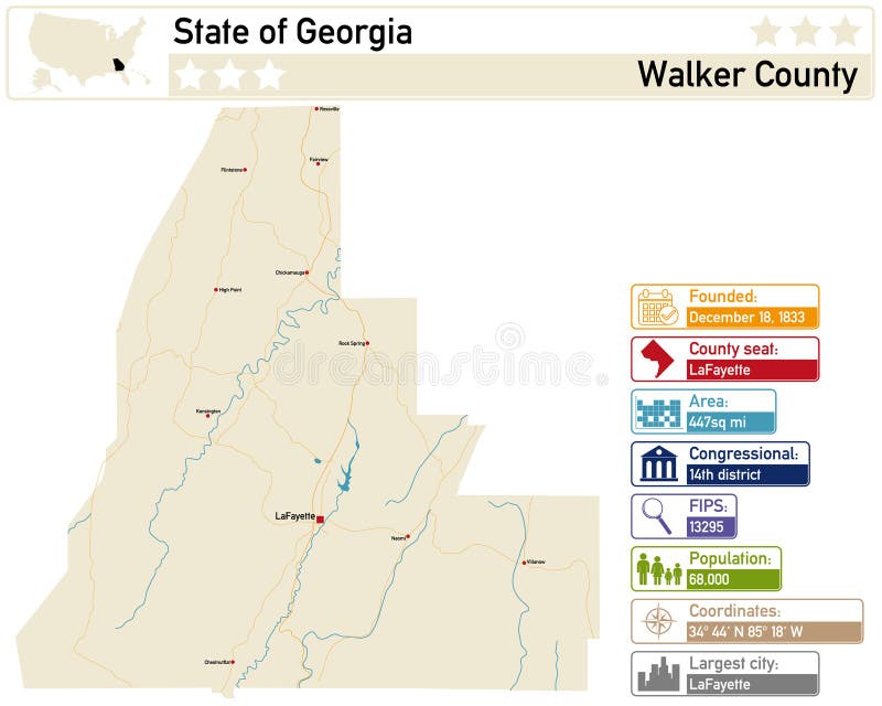 Detailed Infographic and Map of Walker County in Georgia Stock ...