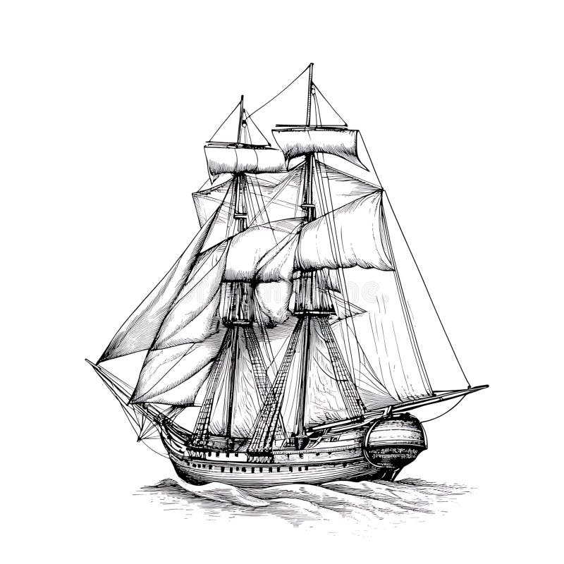 Detailed Ink Drawing of a Brigantine Sailing Ship on the Ocean Stock ...