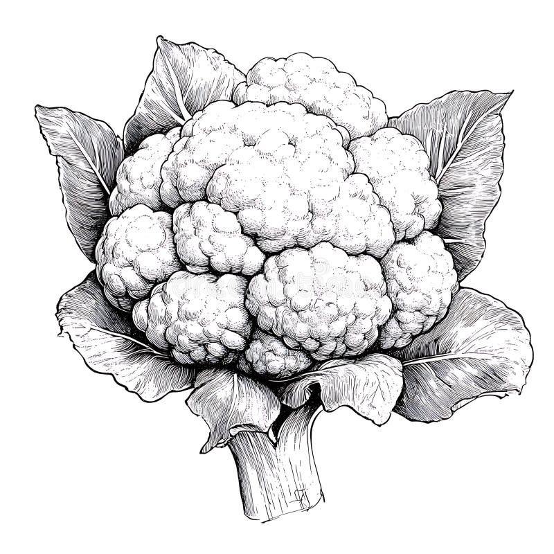 Detailed Ink Drawing of Cauliflower Head with Leaves Ink Sketch Stock ...