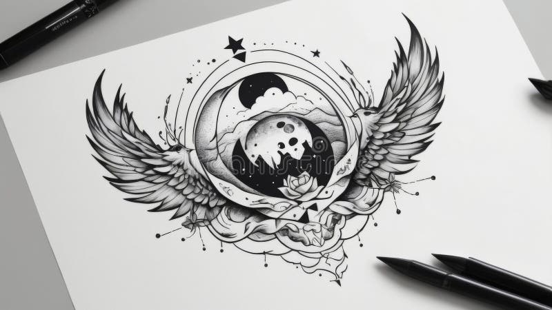 Detailed Ink Drawing of a Celestial Scene with Wings Stock Illustration ...