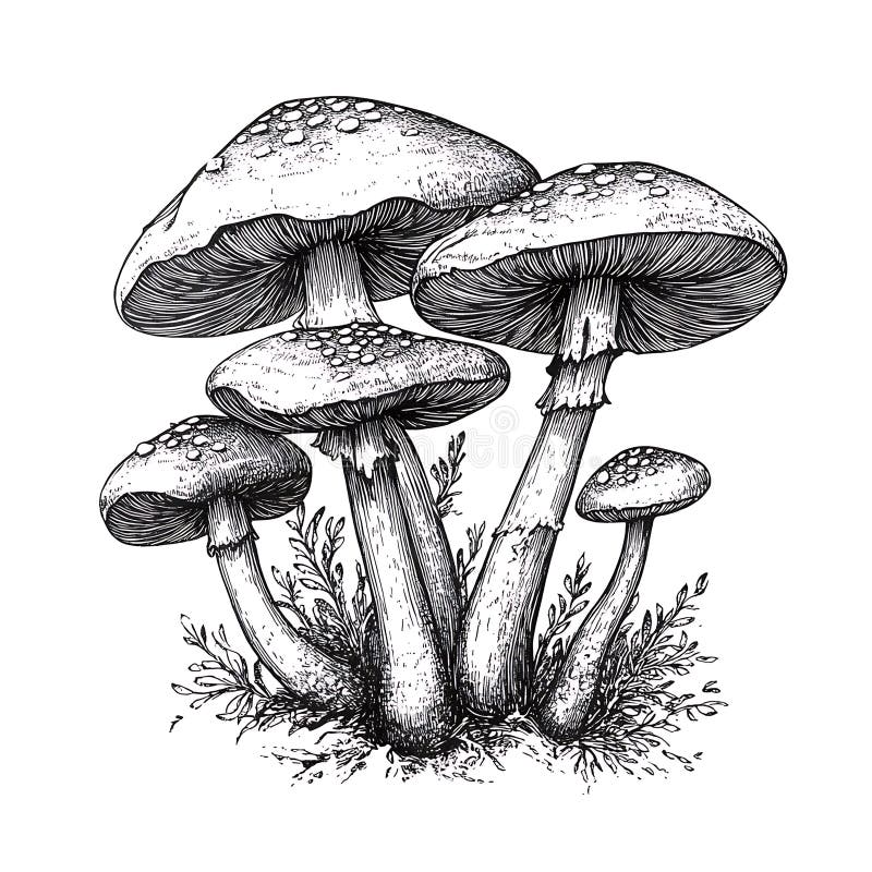Detailed Ink Drawing of a Cluster of Mushrooms with Foliage at the Base ...