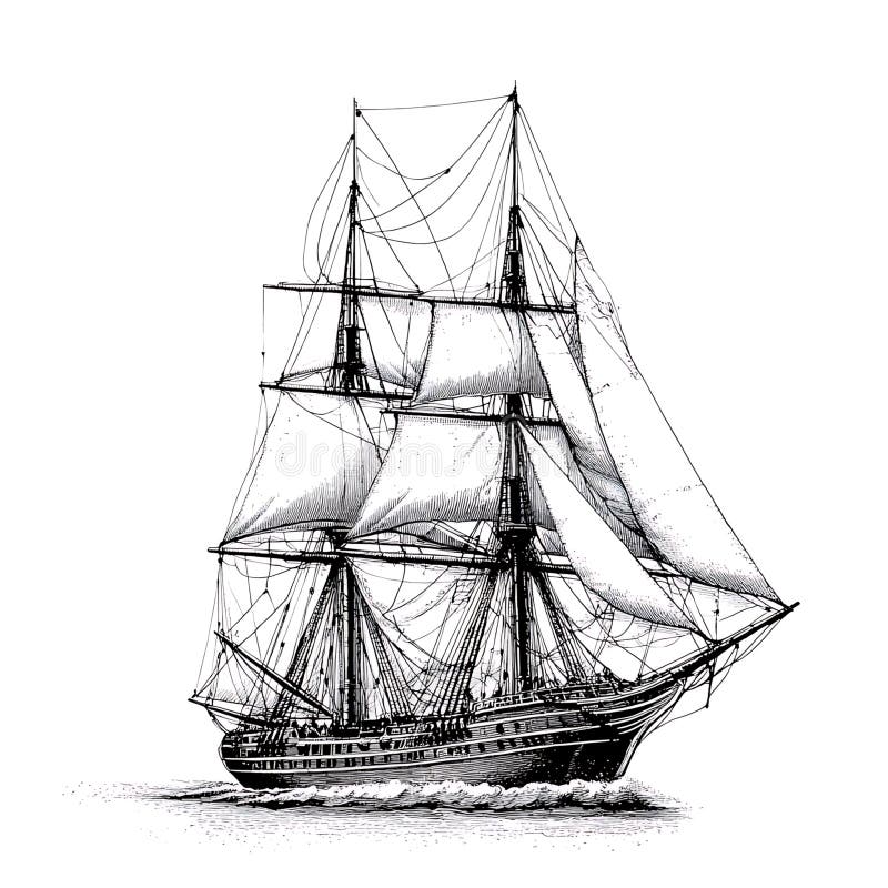 Detailed Ink Drawing of a Historic Sailing Ship at Sea Stock ...
