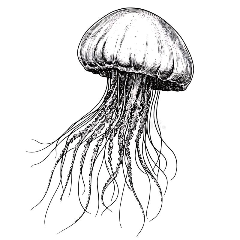 Detailed Ink Drawing of a Jellyfish Stock Illustration - Illustration ...
