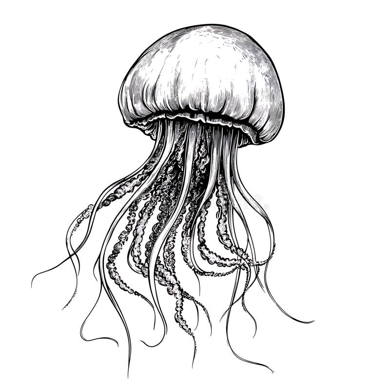 Detailed Ink Drawing of a Jellyfish Stock Illustration - Illustration ...