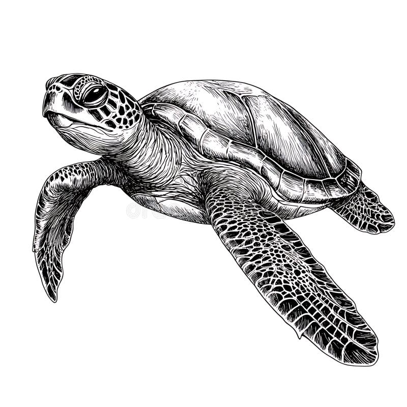 Detailed Ink Drawing of a Sea Turtle Swimming Stock Illustration ...